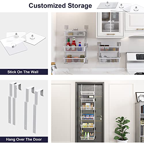 Over the Door Organizer, Adjustable Over Pantry Door Storage with 6 Deep Basket Hanging Over Door Spice Rack Closet Cabinet Door Shelf Organizer for Kitchen Bathroom, Wall Mountable, Modularized Use