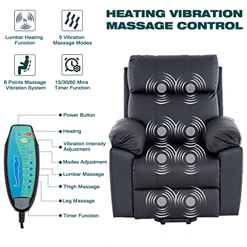 EROMMY Power Lift Recliner Chair, PU Leather Recliner with Massage and Heat for Elderly, Side Pocket, Wired Remote Control, Black