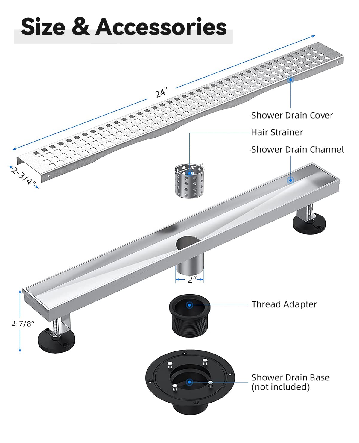 HTOH Shower Drain, Linear Shower Drain 24 Inch(Brushed Nickel),Modern 304 Stainless Steel Shower Floor Drain with Grate Removable, Adjustable Leveling Feet, Rectangular Shower Drain