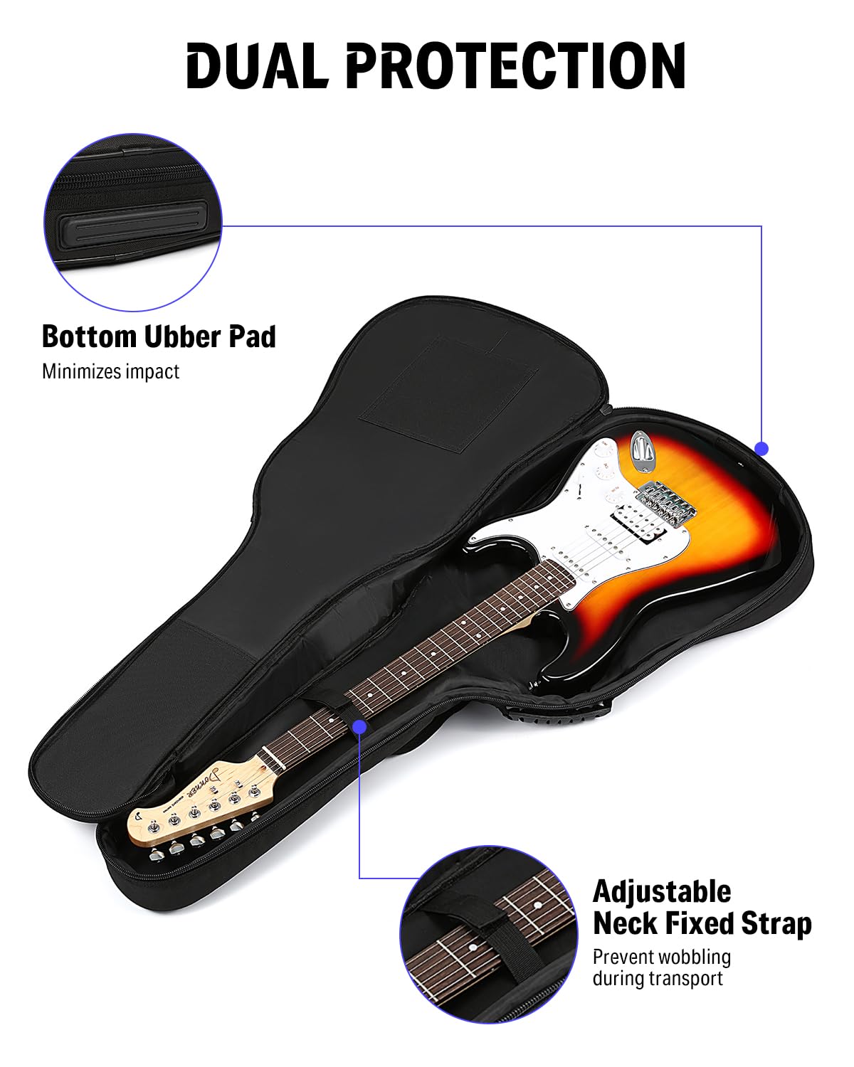 Donner 39 inch Electric Guitar Bag Gig Bag, 0.4 Inch Padded Sponge 600D Ripstop Waterproof Nylon Dustproof Soft Electric Guitar Case Adjustable Strap Black