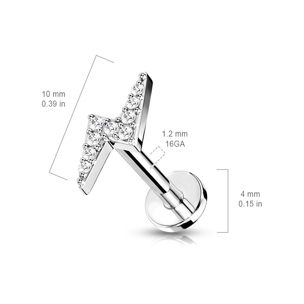 Dynamique Paved Round CZ Lightning Bolt Top On Internally Threaded 316L Surgical Steel Flat Back Studs For Cartilage And Labret (Sold Per Piece)