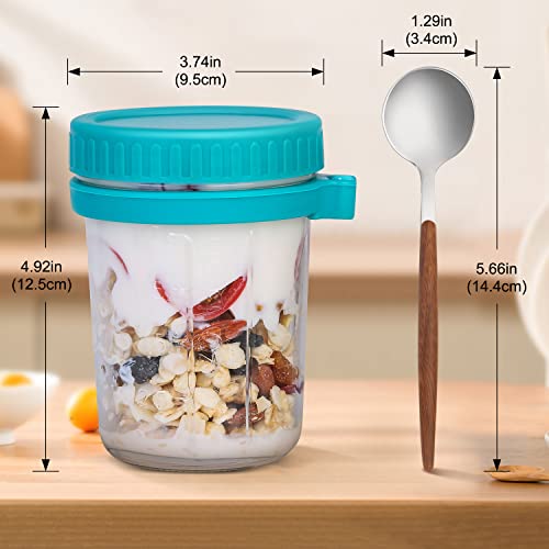 Overnight Oats Jars with Lid and Spoon Set of 2,10 oz Multiple Use Large Capacity Airtight Seal Oatmeal Container with Measurement Marks, Mason Jars with Lid, Grey and Turquoise