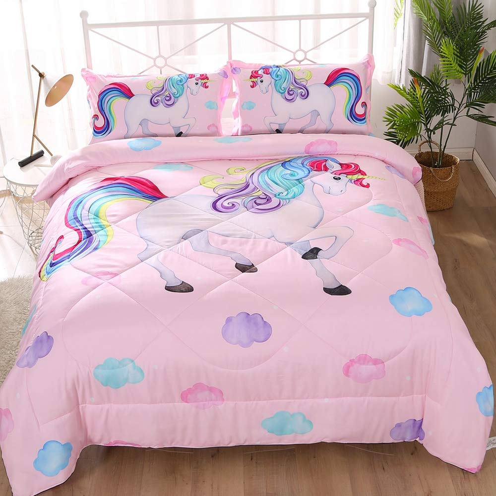 ENJOHOS Unicorn Bedding Full for Girls Lightweight Comforter Sets Rainbow Unicorn Bed Set, Pink (1Comforter&2Pillow Shams)