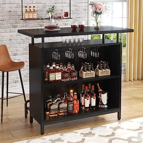 Tribesigns Home Bar Unit, 47 Inches PU Leather Bar Tables Liquor Cabinet with Wine Glasses Holder and Metal Footrest Wine Rack for Kitchen Living Room
