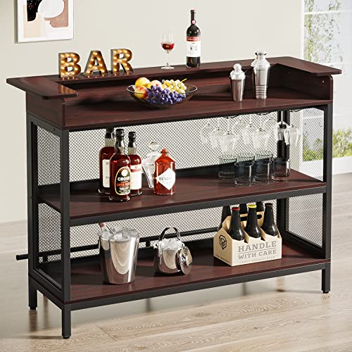 Tribesigns Industrial Home Bar Unit, 3 Tier Liquor Bar Table with Stemware Rack and Wine Storage Display Shelf, Mini Bar Cabinet with Glass Holder Footrest and Mesh Front