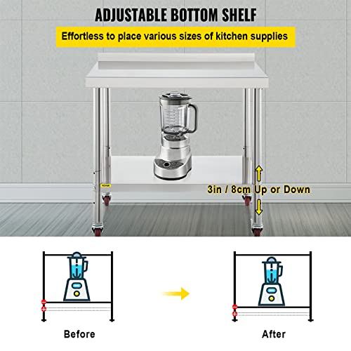 VEVOR Stainless Steel Prep Table, 24 x 15 x 35 Inch, 440lbs Load Capacity Heavy Duty Metal Worktable with Backsplash Adjustable Undershelf & 4 Casters, Commercial Workstation for Kitchen Restaurant