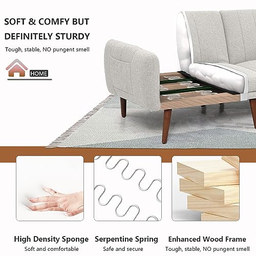 NOBLEMOOD Sectional Sofa Bed, Convertible L-Shaped Couch, Modern 3 Seat Linen Fabric Couch Sofa with Ottoman 3 Pillows Adjustable Backrest for Apartment Living Room (Linen Off Whie)