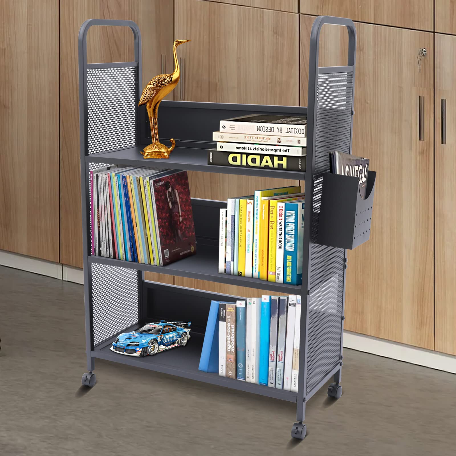 DDBESSIC Rolling Book Cart, 3 Tier Book Rack Storage Bookshelf with 3 Flat Shelves, Movable Bookcase with Wheels Utility Organizer Cart Side Literature Rack
