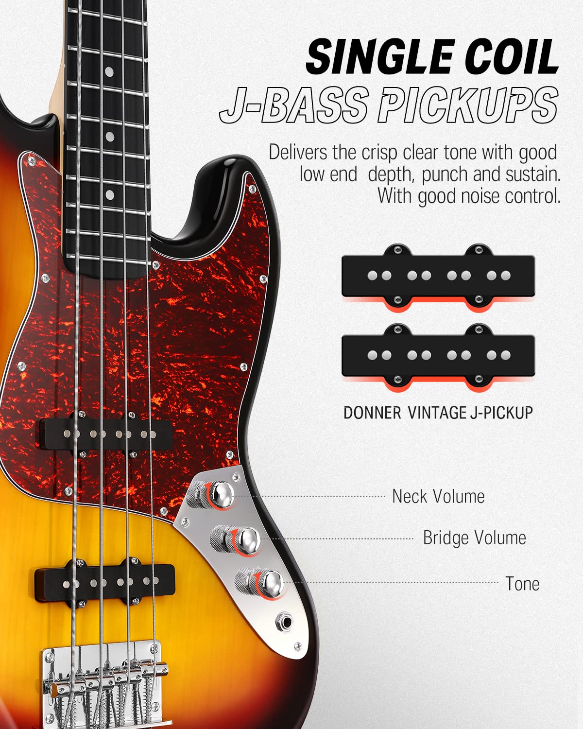 Donner Full-Size Electric Bass Guitar JB-Style with Bass Amp 25W Bass Guitar Amplifier DBA-2