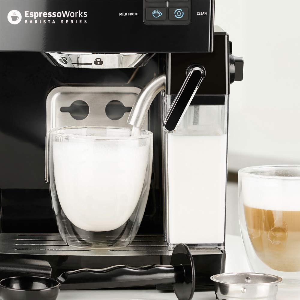 EspressoWorks All-In-One Espresso Machine with Milk Frother 7-Piece Set - Latte Maker Includes Grinder, Frothing Pitcher, Cups, Spoon and Tamper - Coffee Gifts (Stainless Steel)