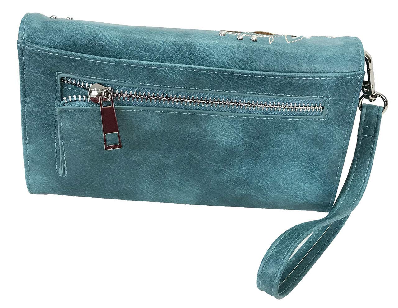 Zzfab Rhinestone Cross Embroidered Floral Western Cross Wallet Turquoise