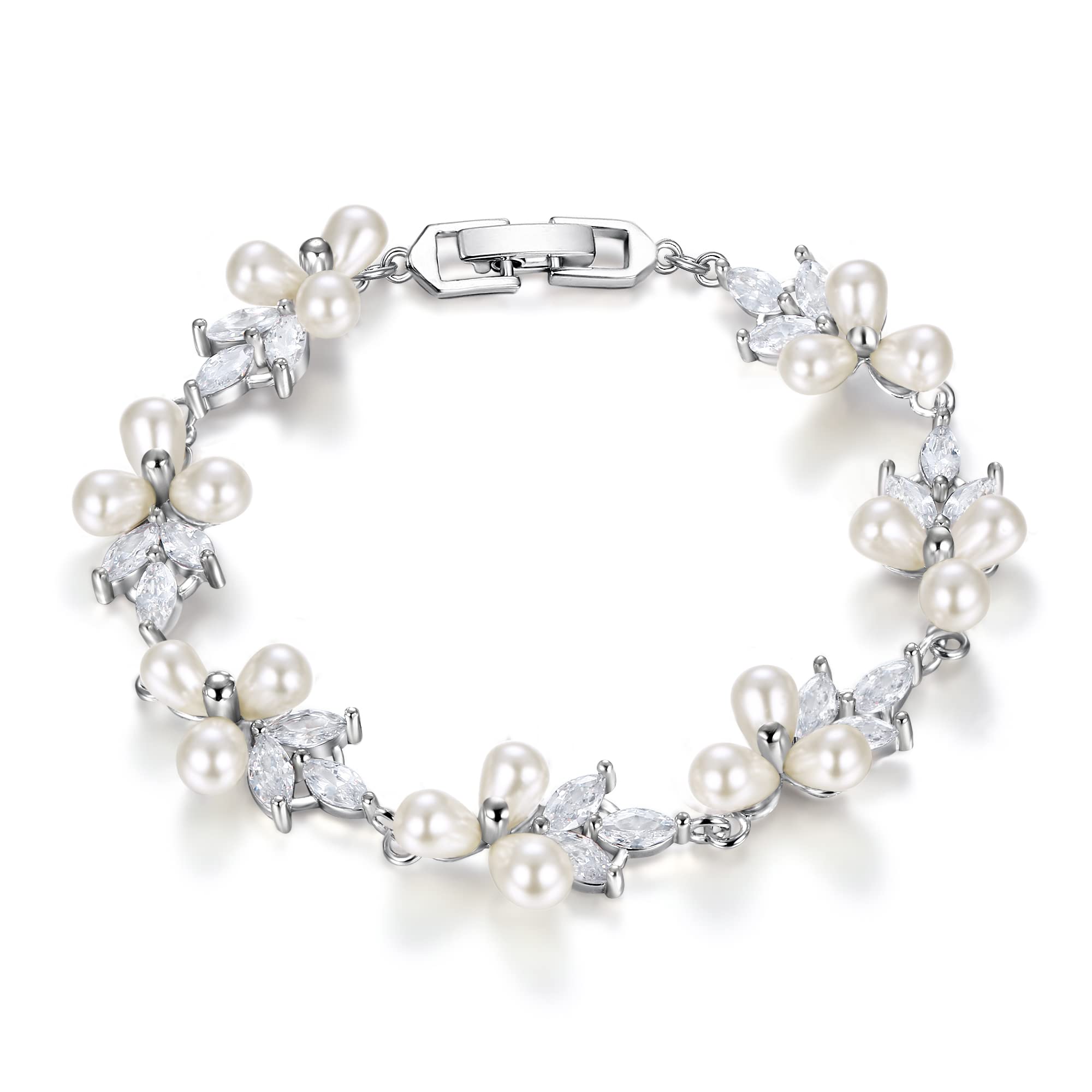 EVER FAITH Women's CZ Cream Simulated Pearl Floral Leaf Wedding Bride Tennis Bracelet White Silver-Tone