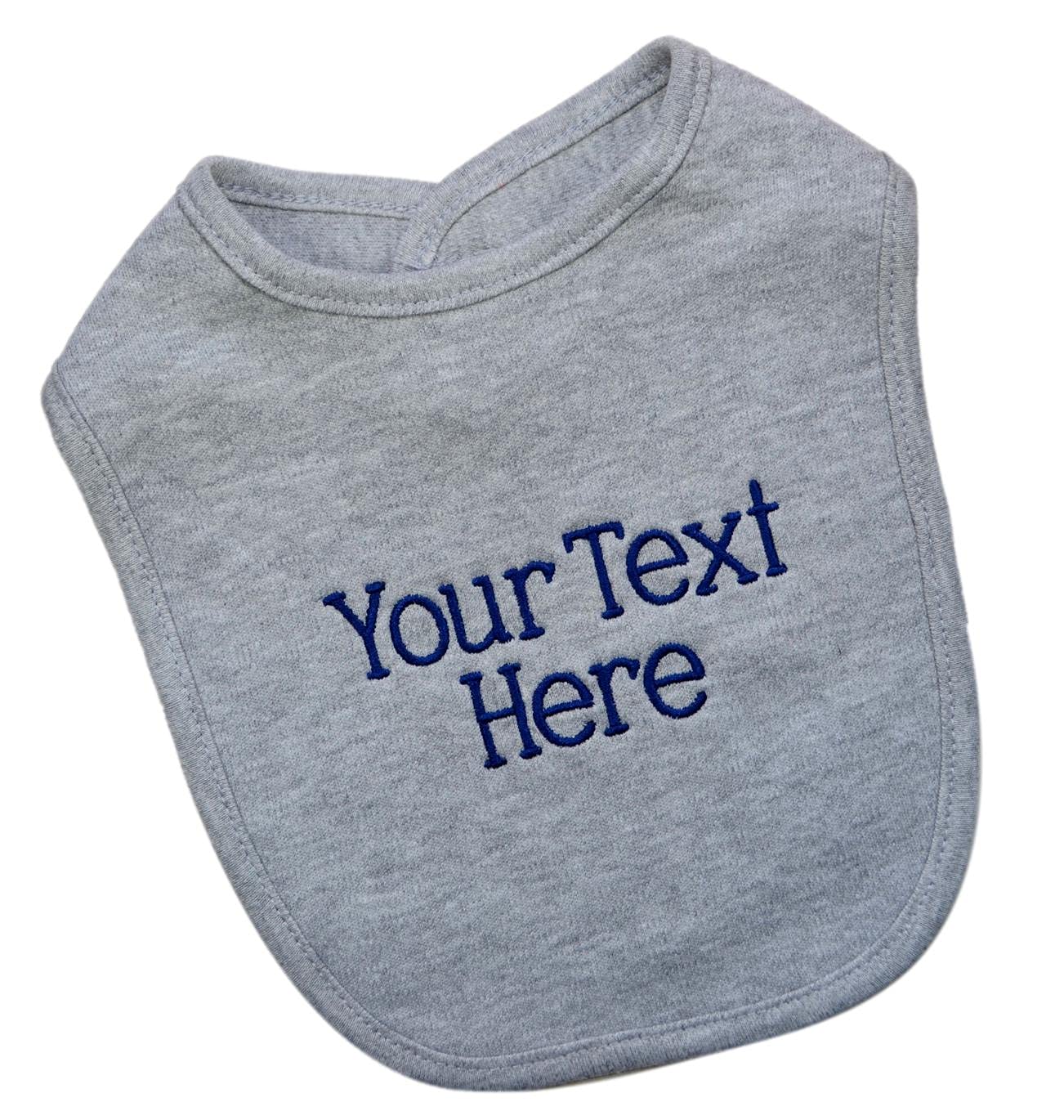Funny Girl Designs Personalized Baby Bib EMBROIDERED with Your Custom Text and Color 100% Cotton Unisex (GRAY BIB)