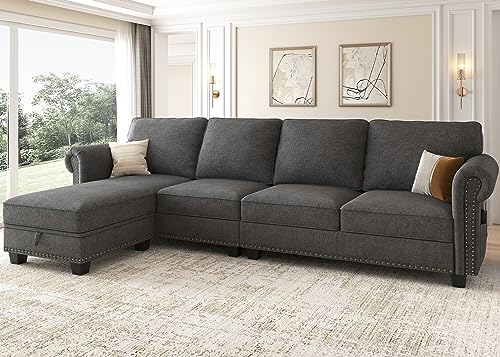 Nolany Convertible Sectional Sofa L-Shape Sectional Couch with Reversible Chaise 4 Seat Sectional Sofa Couch for Small Space Dark Grey