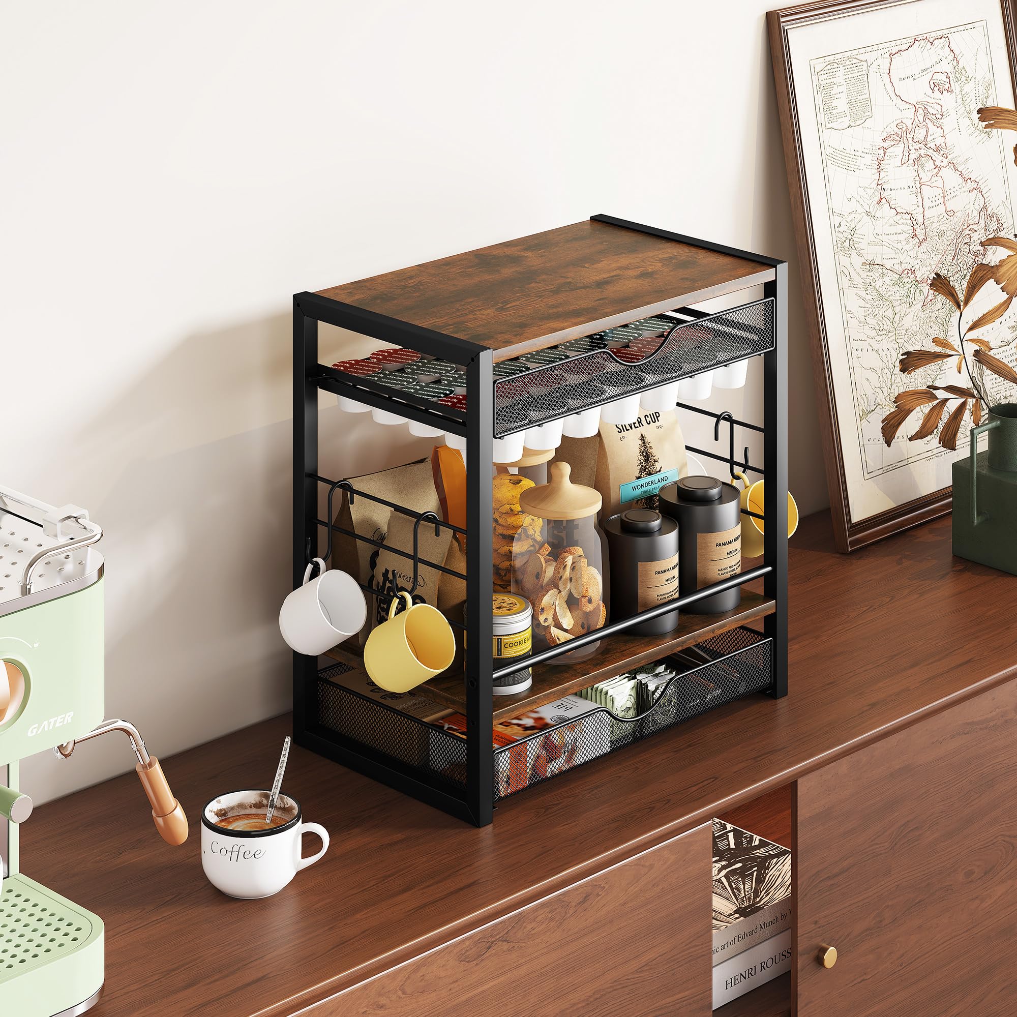 IZLIF Coffee Pod Stand 70 Capacity Cup Holder Drawer Coffee Pod Organizer for Counter with Mug Hook Racks, Black