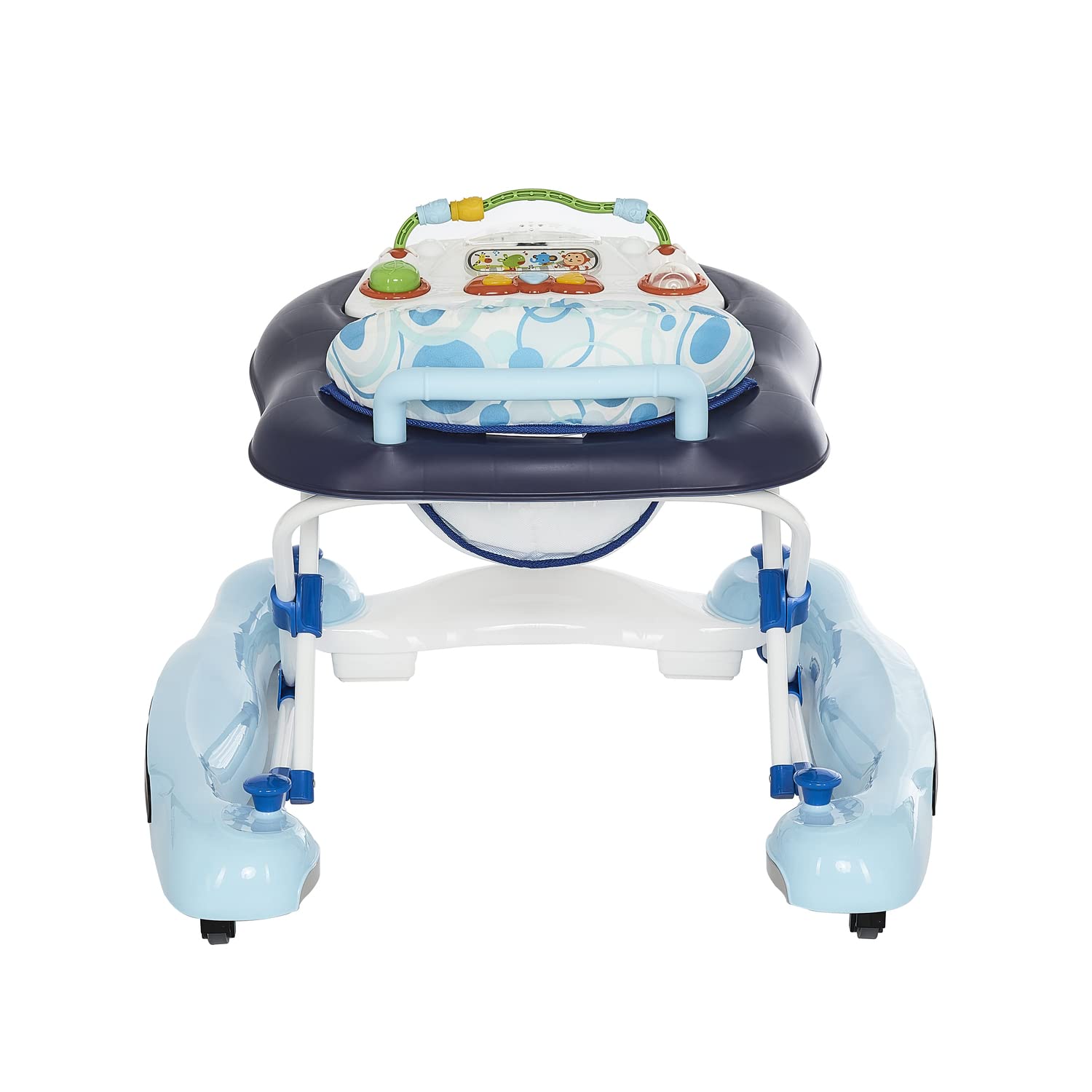 Dream On Me Go-Getter Baby Walker and Walk Behind Walker, Adjustable Seat Height, Comfortable Padded Seat, Easy to Fold, Pack and Store, Detachable Fun Tray, Blue