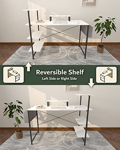 Innerjoin 47 inch Computer Desk with Shelves, Home Office Desk with Monitor Stand, 4 Tier Shelves, Storage Bag, Metal Frames, White