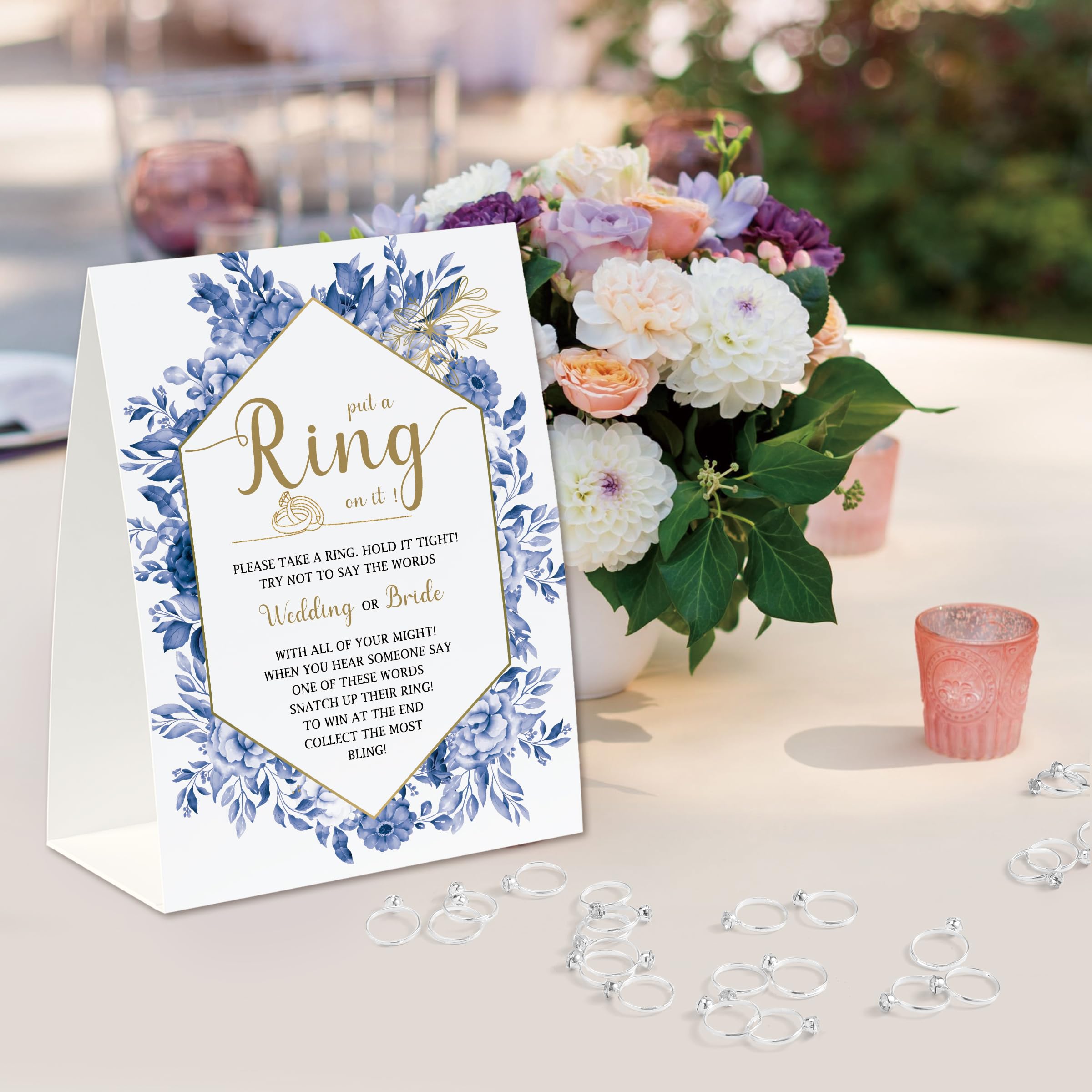 Put A Ring on It Game(50 Rings with One Sign), Don't Say Wedding or Bride Game, Fun Bridal Shower Game, Bridal Shower Decorations Geometric Frame Blue Floral-JZDS06