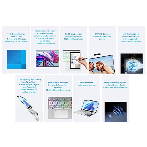 FOLOSAFENAR HD Laptop, Backlit Keyboard 4.2 15.6inch Laptop 100-240V 2.4G 5G WiFi Double Screen Up to 2.9GHz with 7in IPS Screen for Windows 11 for Home (16GB+1TB US Plug 100β240V)