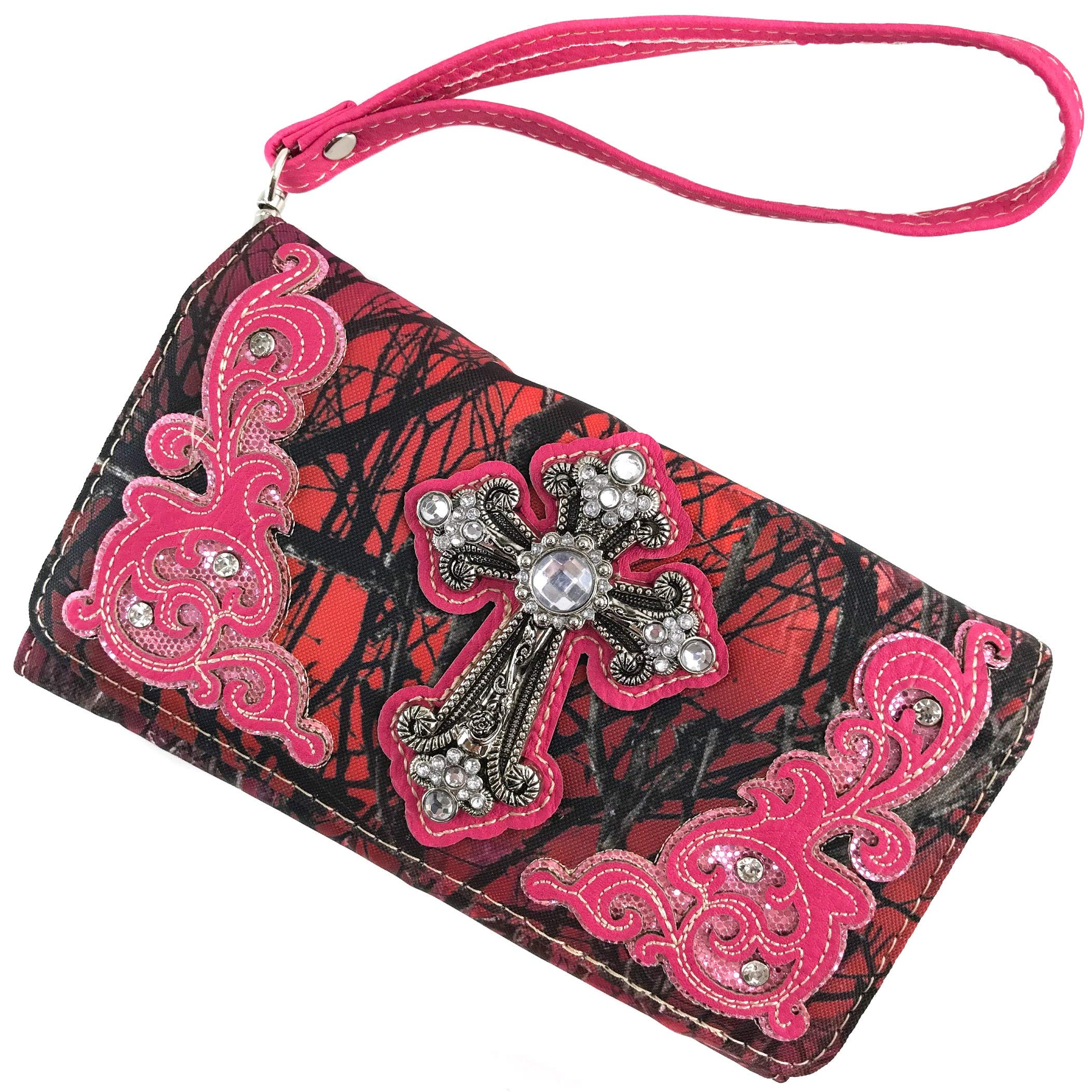 Zelris Camouflage Shine Glow Silver Cross Women Crossbody Trifold Wallet (Hot Pink)
