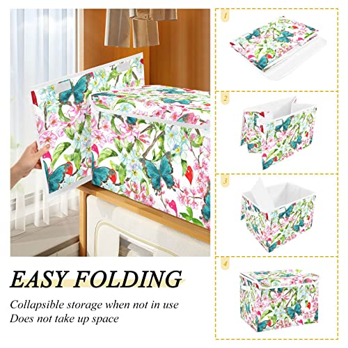 innewgogo Cherry Flowers Hearts Butterfly Storage Bins with Lids for Organizing Storage Bin with Handles Oxford Cloth Storage Cube Box for Toys