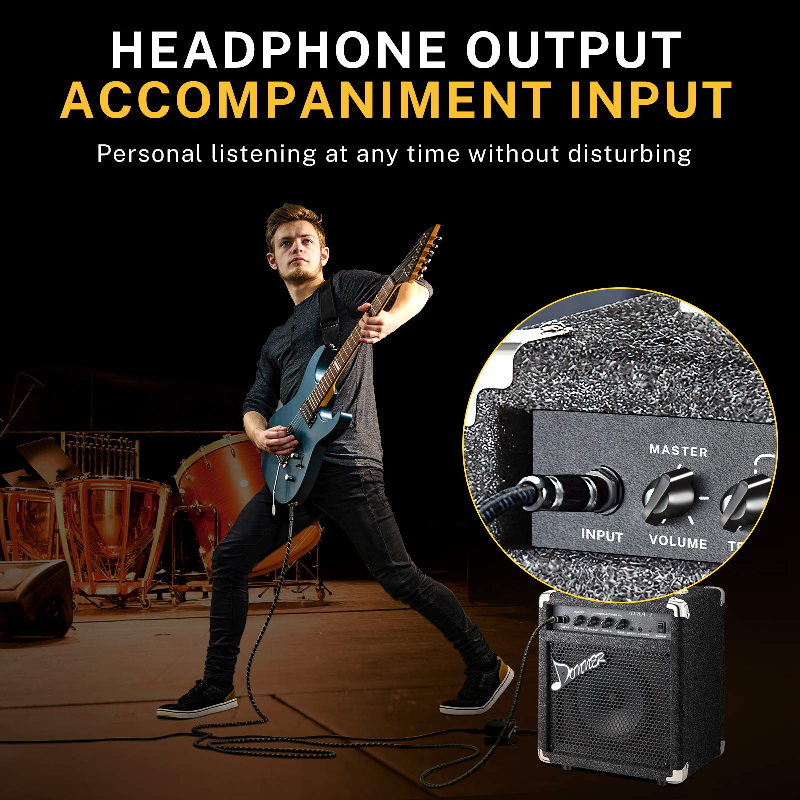Donner Bass Amp 15W Bass Guitar Amplifier DBA-1 Electric Practice Bass Combo AMP & Donner Guitar Cable 10 ft 2 Pack
