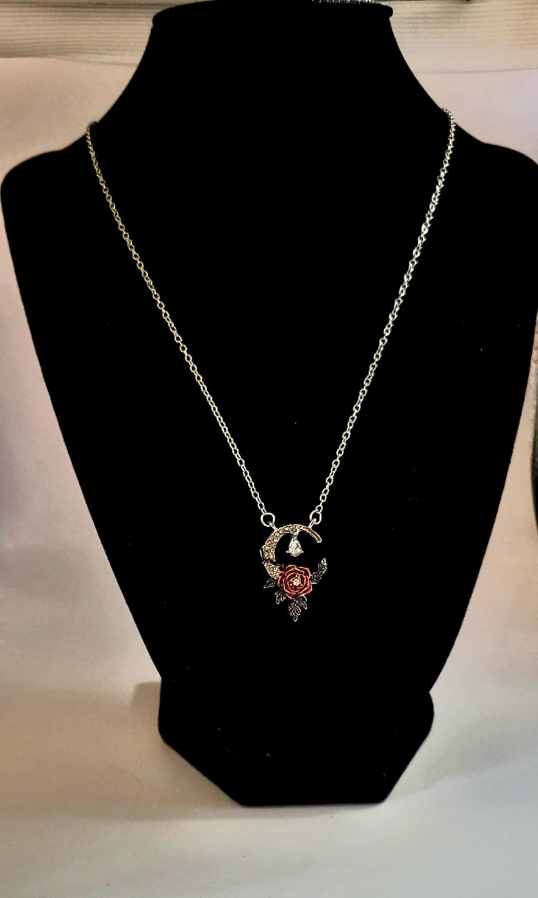 Gorgeous Rose Pendant Necklace with Crescent Moon, Chain & Lobster Claw Clasp, 18in chain