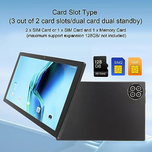FOLOSAFENAR WiFi Tablet, 8GB RAM 128GB ROM Smart Tablet 3200X1440 Resolution 10.1 Inch 5G WiFi for Studying for Video (Black)