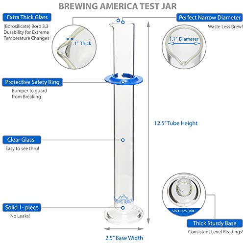 Glass Hydrometer Test Tube Jar & Cylinder Brush - Narrow Flask for Alcohol by Volume Test - Moonshine, Homebrew Beer, Home Wine Making Kits, Borosilicate Glass 3.3