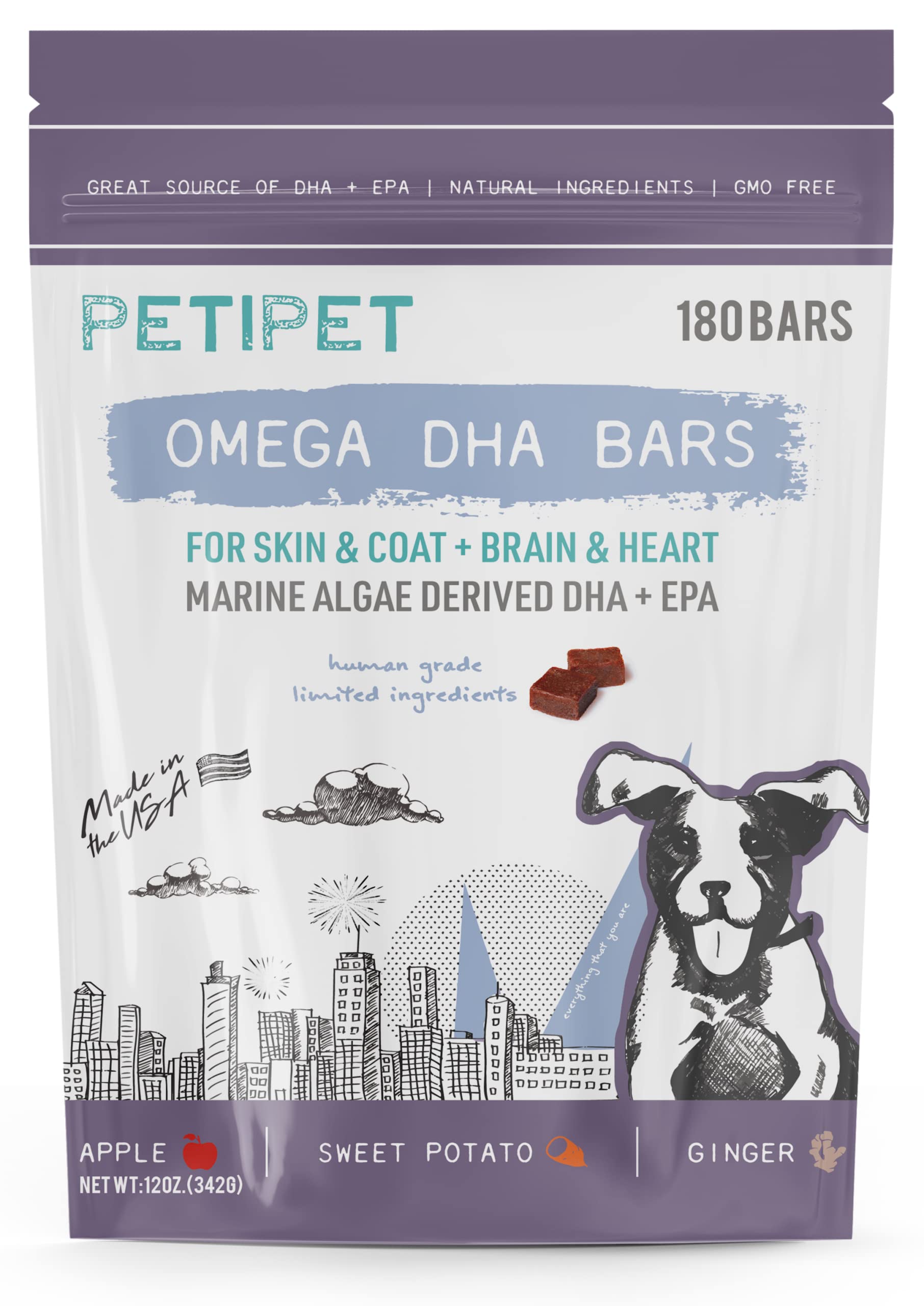 PETIPET Omega 3 Vegan Chew Treats for Dogs - EPA & DHA - Itchy Skin, Soft & Shiny Coat, Shedding, Mange & Hot Spots Treatment, Joint Inflammation, Heart & Brain Health Natural Dog Supplement
