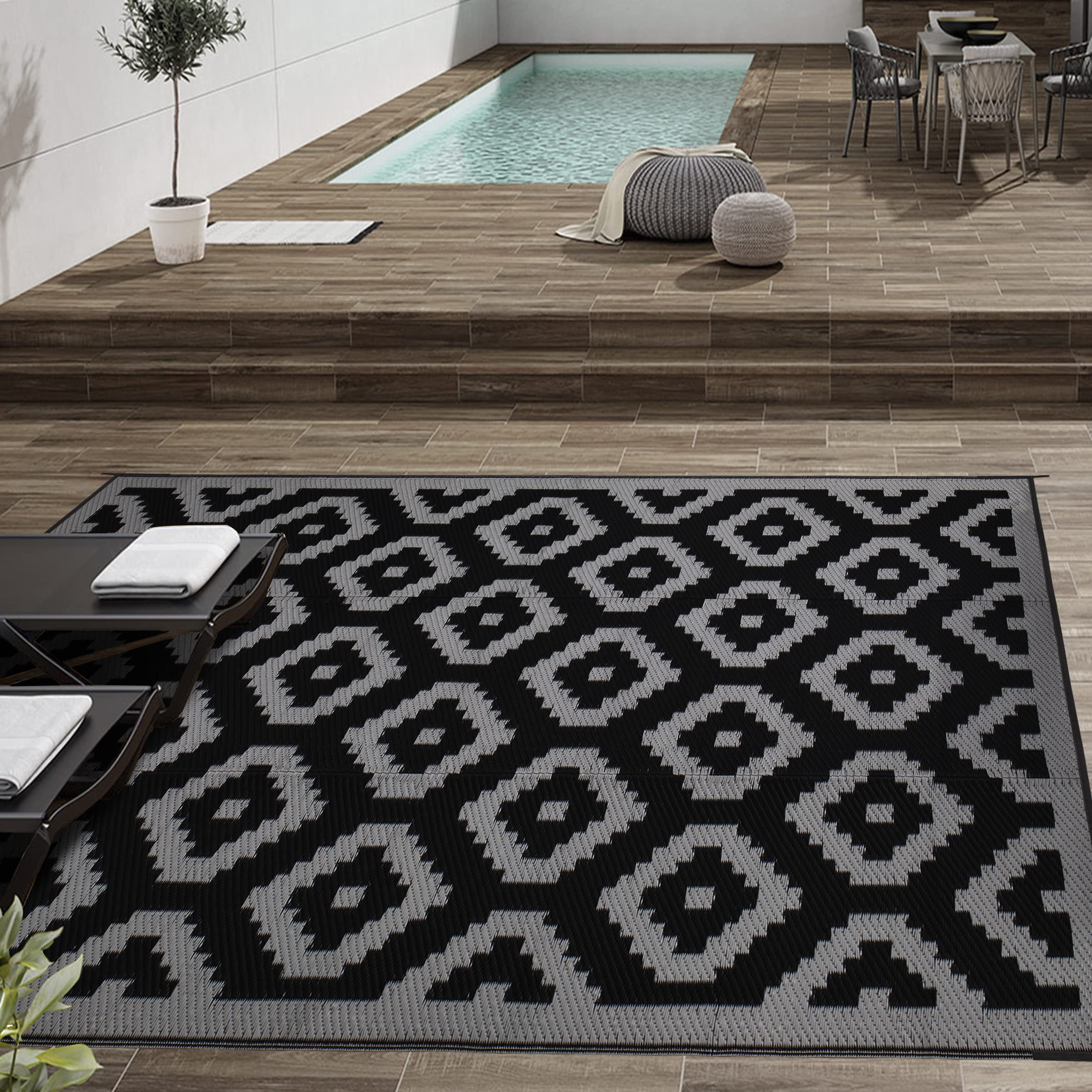 Easy-Going Reversible Outdoor Rugs 5x8ft Waterproof Plastic Straw Rug Stain & UV Resistant Floor Mat for Patio Porch RV Backyard Pool Deck Picnic Beach Trailer Camping (Diamond/Gray & White)
