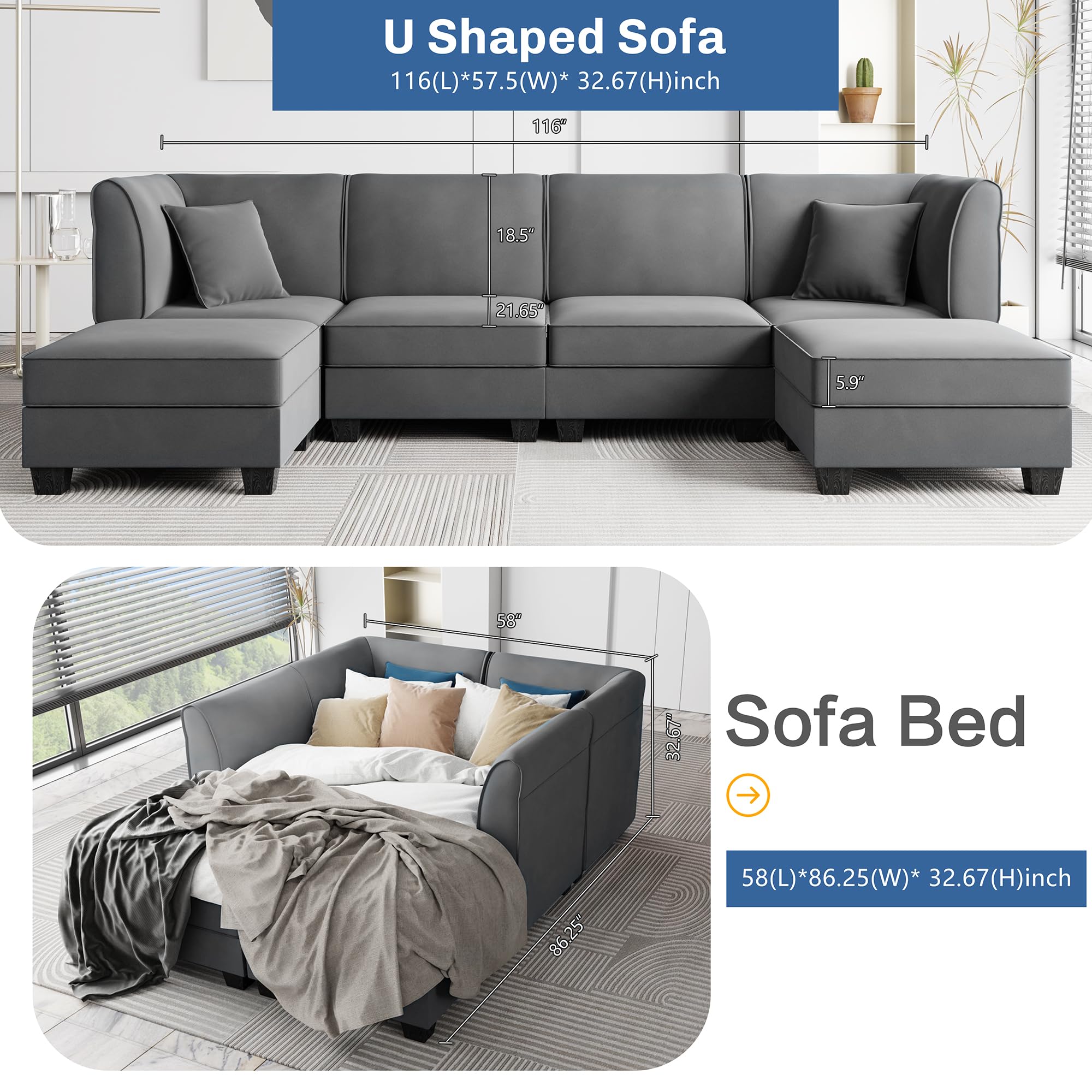 JAMFLY Modular Sectional Sofa U Shaped Sectional Couch with Reversible Chaise Convertible Sectional Couches for Living Room, 6 Seat Sofa Couch with Ottomans, Drak Grey