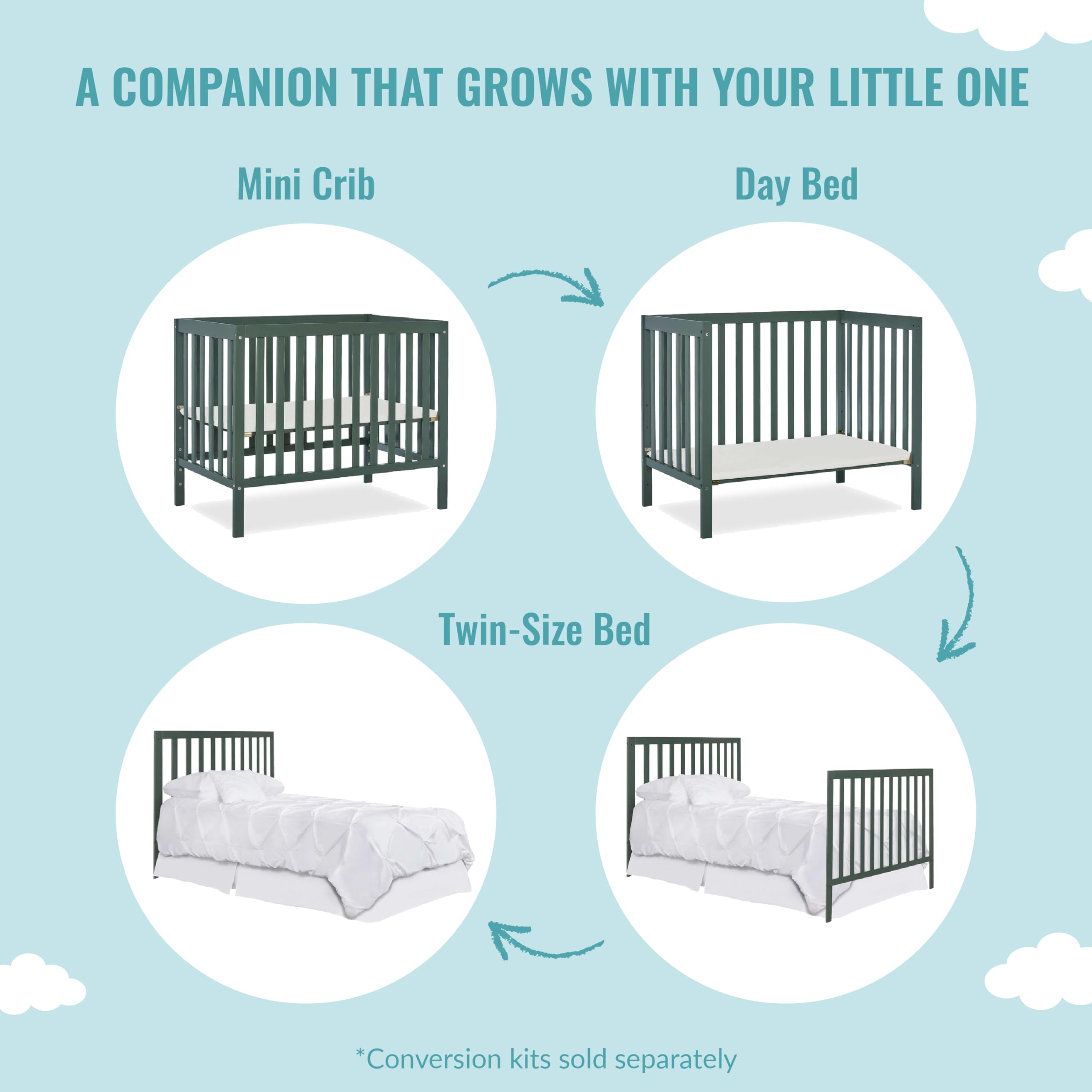 Dream On Me, Edgewood 4-in-1 Convertible Mini Crib, Olive