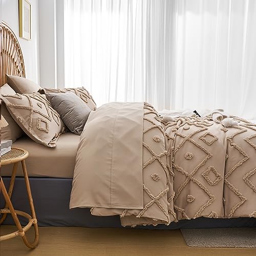 inron Khaki Queen Comforter Set Tufted Bed in a Bag Queen 7 Pieces,Geometry Shabby Chic Boho Comforter and Sheet Set.Jacquard Farmhouse Bedding for All Season(Khaki,90β*90β)