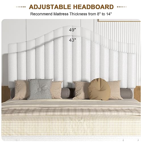 HUEOFGP Queen Size Bed Frame with Upholstered Fabric Adjustable Headboard, Platform Bed Frame with Wooden Slats Support, No Box Spring Needed, Easy Assembly, Modern, White