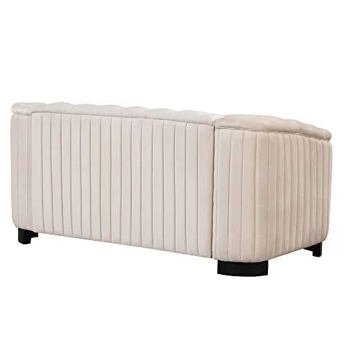 kevinplus 64'' Loveseat Chesterfield Sofa Couch for Living Room, Velvet Modern 2-Seat Tufted Upholstered Small Sofa Couch with Thick Removable Seat Cushion for Apartment Bedroom, Wooden Legs, Beige