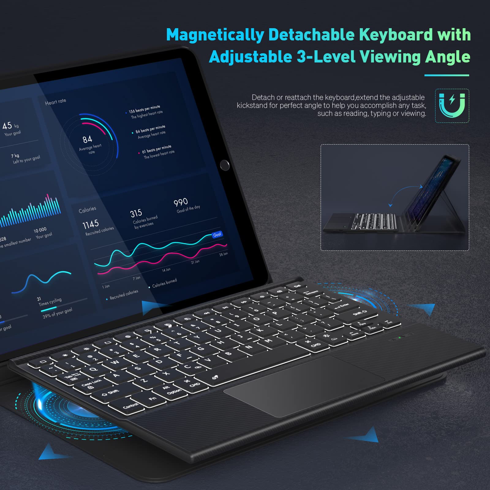 Doohoeek Keyboard Case with Trackpad for iPad 9.7 inch 5/6 Gen & iPad Air 2 Gen & iPad Pro 9.7, Bluetooth Rechargeable Keyboard with Twill Case & 7-Color Backlit & Adjustable Kickstand for iPad 9.7