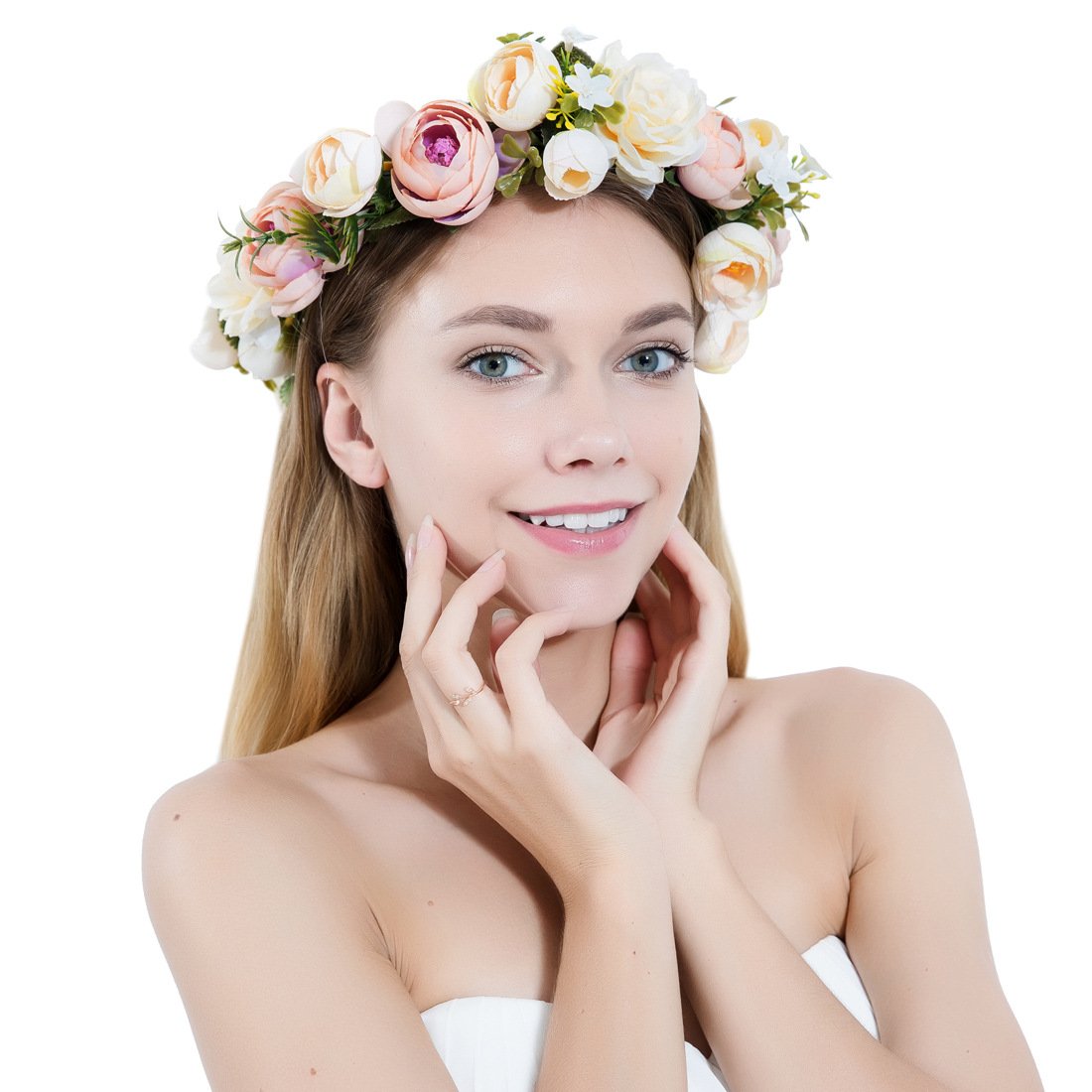 DDazzling Women Flower Headband Wreath Crown Floral Wedding Garland Wedding Festivals Photo Props (Champagne)
