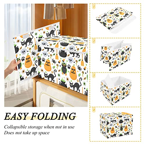 innewgogo Happy Halloween Pumpkins Cat Owl Skull Storage Bins with Lids for Organizing Closet Organizers with Handles Oxford Cloth Storage Cube Box for Books