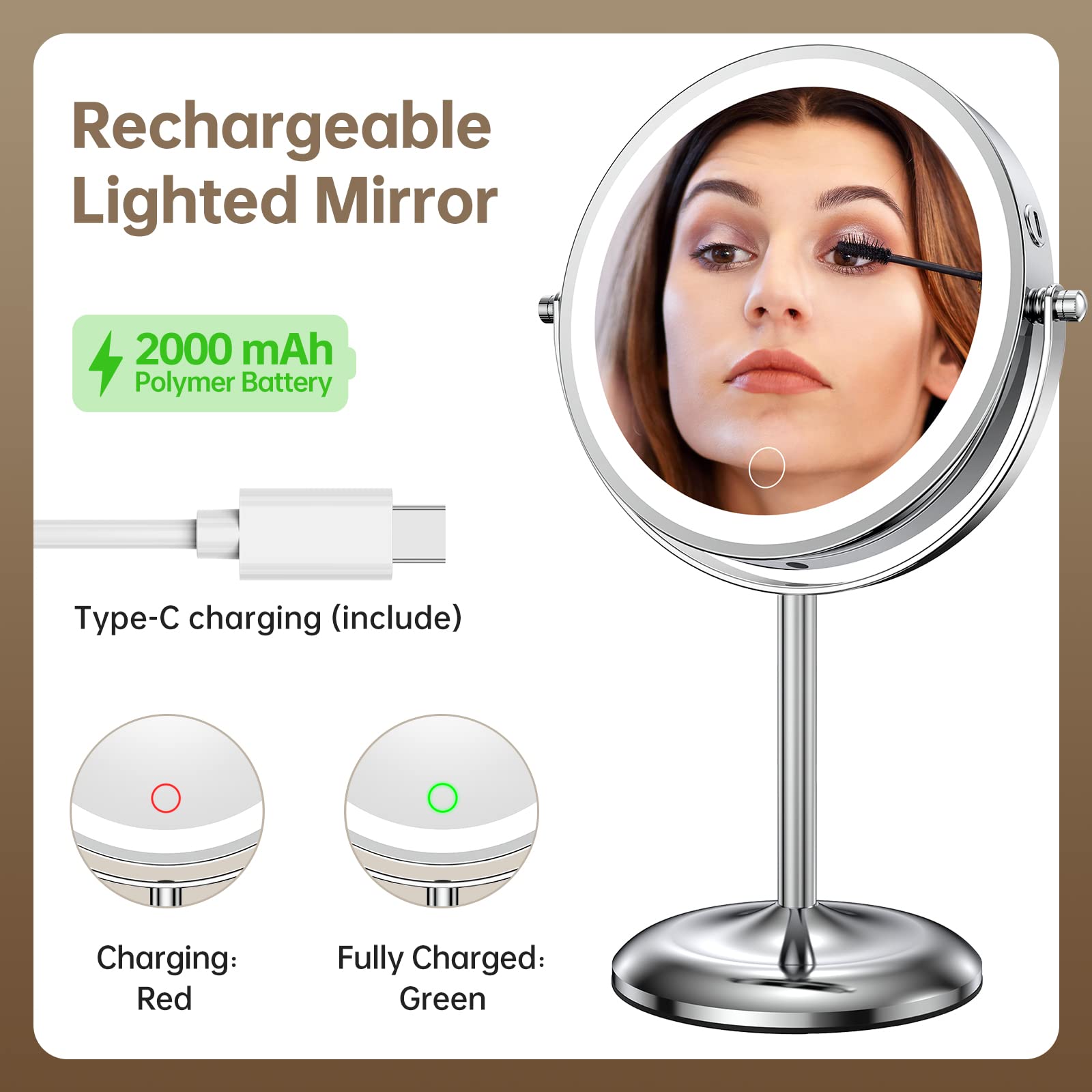 Gospire Lighted Makeup Mirror with Magnification 10X, Rechargeable Stepless Dimming LED Vanity Mirror 7", 360° Swivel Magnifying Cosmetic Mirror Cordless Standing Mirror for Dresser, Bathroom