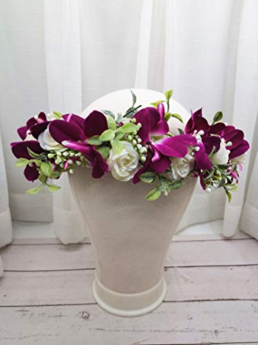 DDazzling Women Flower Headband Wreath Crown Floral Wedding Garland Wedding Festivals Photo Props (#Deep Purple)