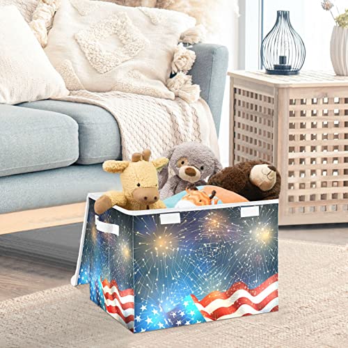 innewgogo Patriotic Usa Flag Storage Bins with Lids for Organizing Storage Bin with Handles Oxford Cloth Storage Cube Box for Bed Room