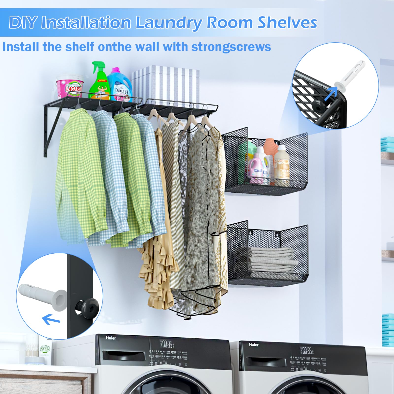 QHH Laundry Room Shelves Wall Mounted with Floating Shelves with Wire Storage Basket, Over The Washer and Dryer Shelf with Clothes Drying Rack, Wire Shelves Baskets for Laundry Organization