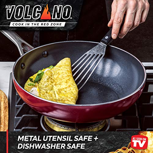Red Volcano Textured Ceramic Nonstick, 11" Flat Bottom Wok Stir-Fry Pan with Lid for High Heat Cooking, Oven & Broiler Safe to 600 Degrees, Dishwasher Safe, PFAS PFOA & PTFE Free, Red