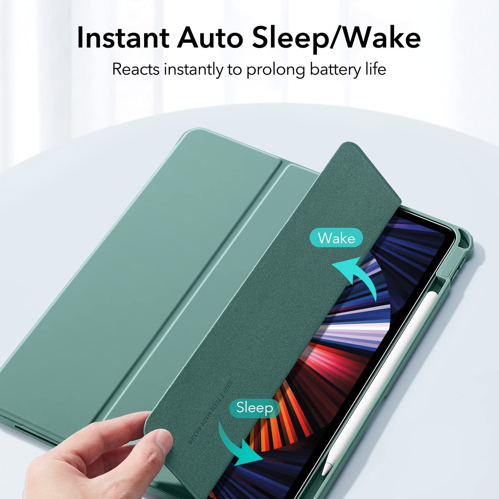 ESR Hybrid Case Compatible with iPad Pro 12.9 Inch 2021/2020/2018 (5th/4th/3rd Generation) with Pencil Holder, Detachable Magnetic Case, Hard PC Back Cover, Auto Sleep/Wake, Rebound Series, Green