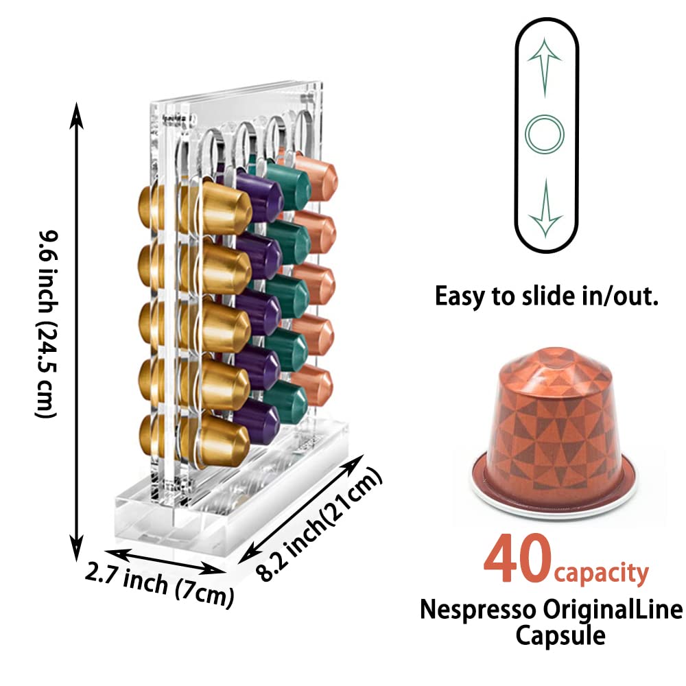 DuvinDD Coffee Pod Holder for Nespresso Original Line Capsule Holder Acrylic Magnetic Coffee Pods Organizer, Freestanding or Mounted on the Fridge, Hold 40 Capsule Pods Capacity Storage Rack