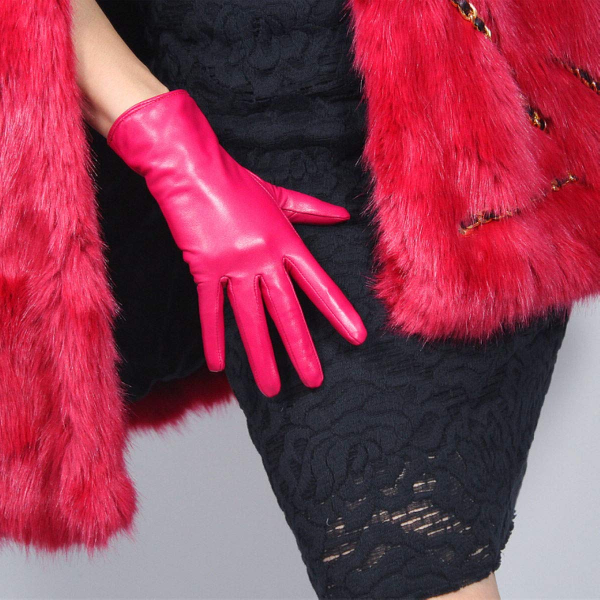 DooWay Women Real Leather Gloves Rose Imported Goatskin Leather Wrist Short Vintage Classic Warm Driving Gloves