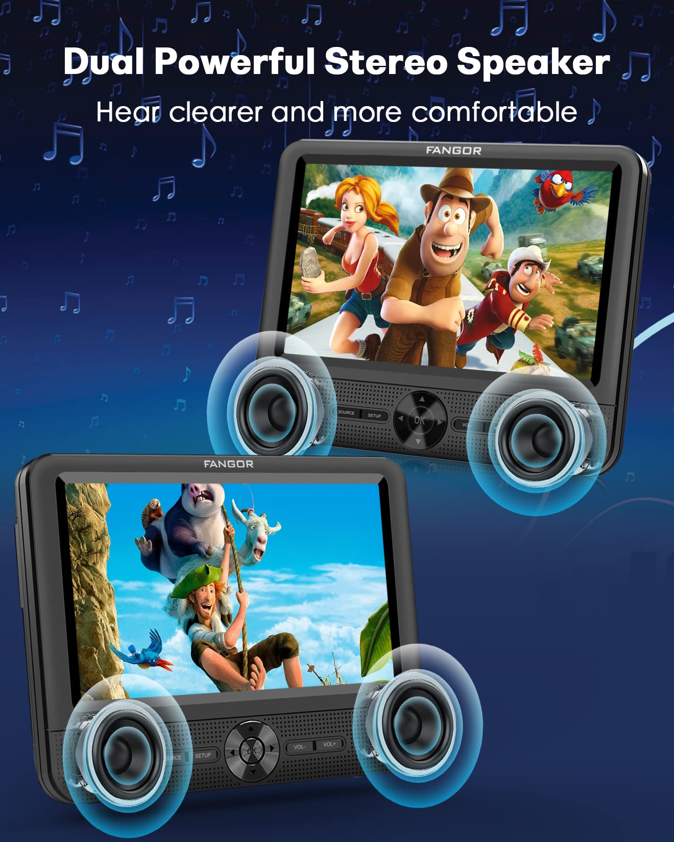 FANGOR 7.5" Dual Portable DVD Player for Car, Car DVD Player Dual Screen Play a Same or Two Different Movies with Headrest Strap, Regions Free, Support Last Memory, AV Out & in, USB/SD Card