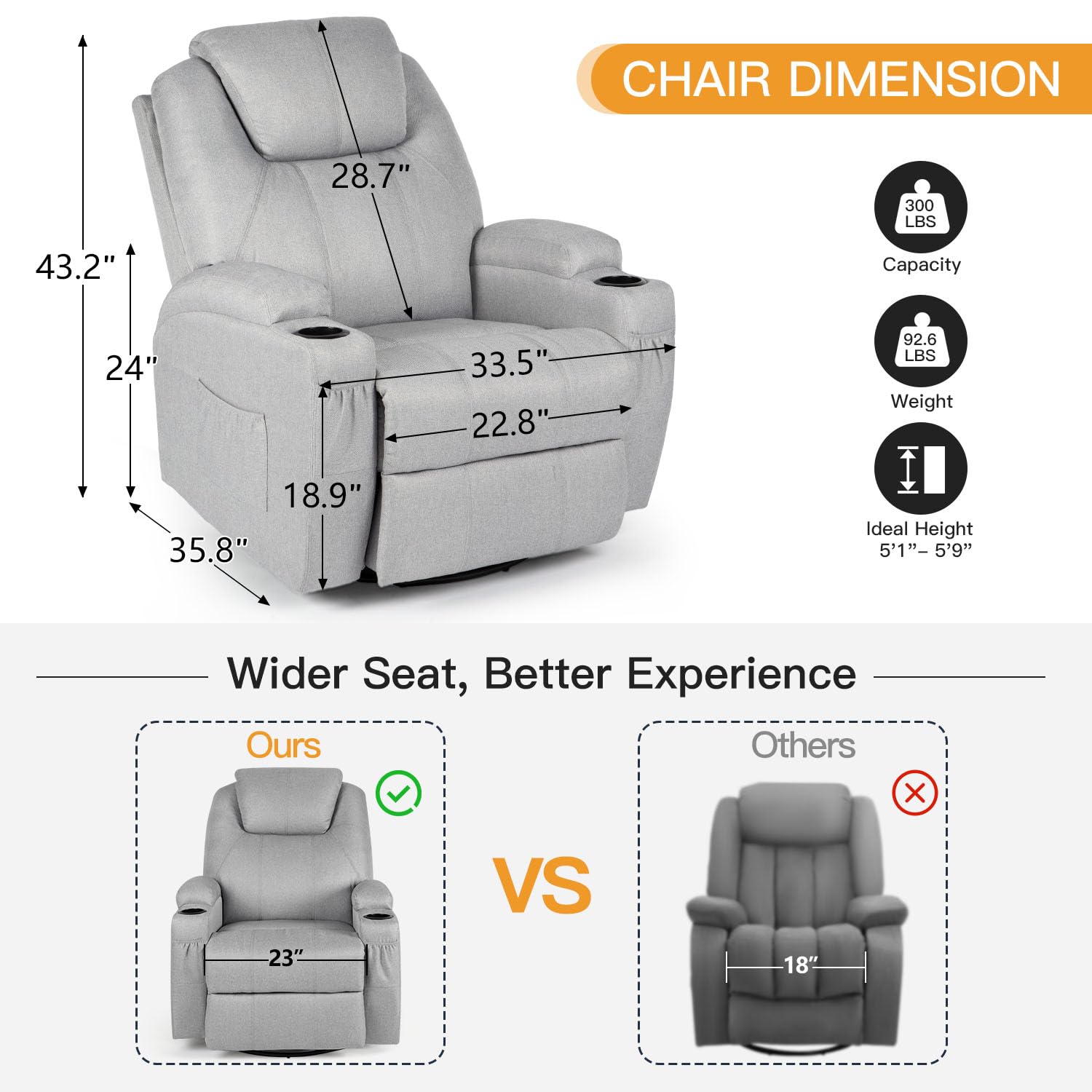 Esright Grey Massage Recliner Chair 360° Swivel Heated Ergonomic Lounge Reclining Chair