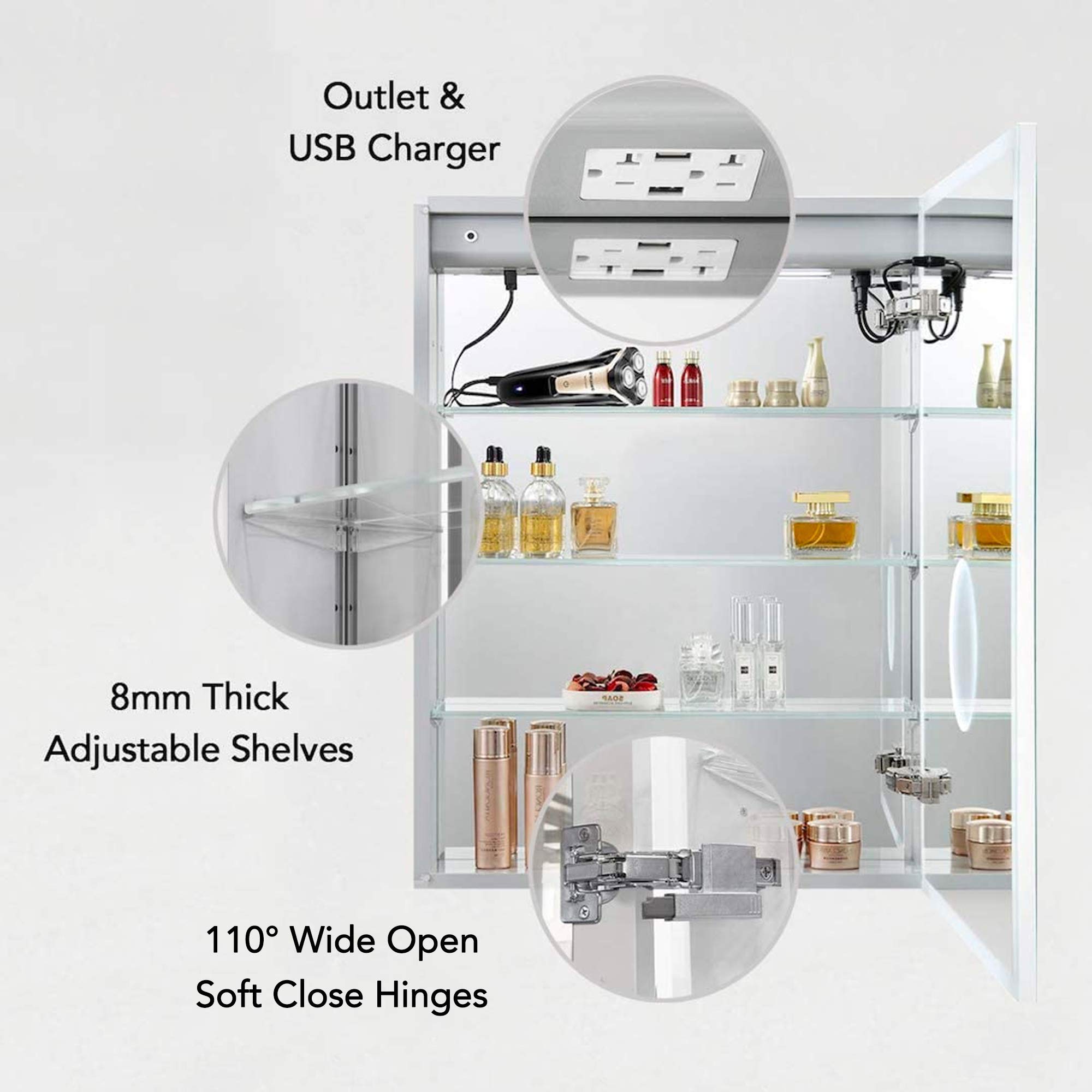 Recessed or Surface LED Mirror Medicine Cabinet with Lights, LED Medicine Cabinet w/Defogger, Dimmer, 3X Makeup Mirror, Outlets & USB (24x32/Right Hinge/Zoom Mirror)